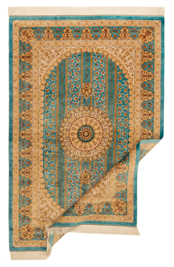 Qom Silk Persian Rug Turquoise 200 x 135 cm