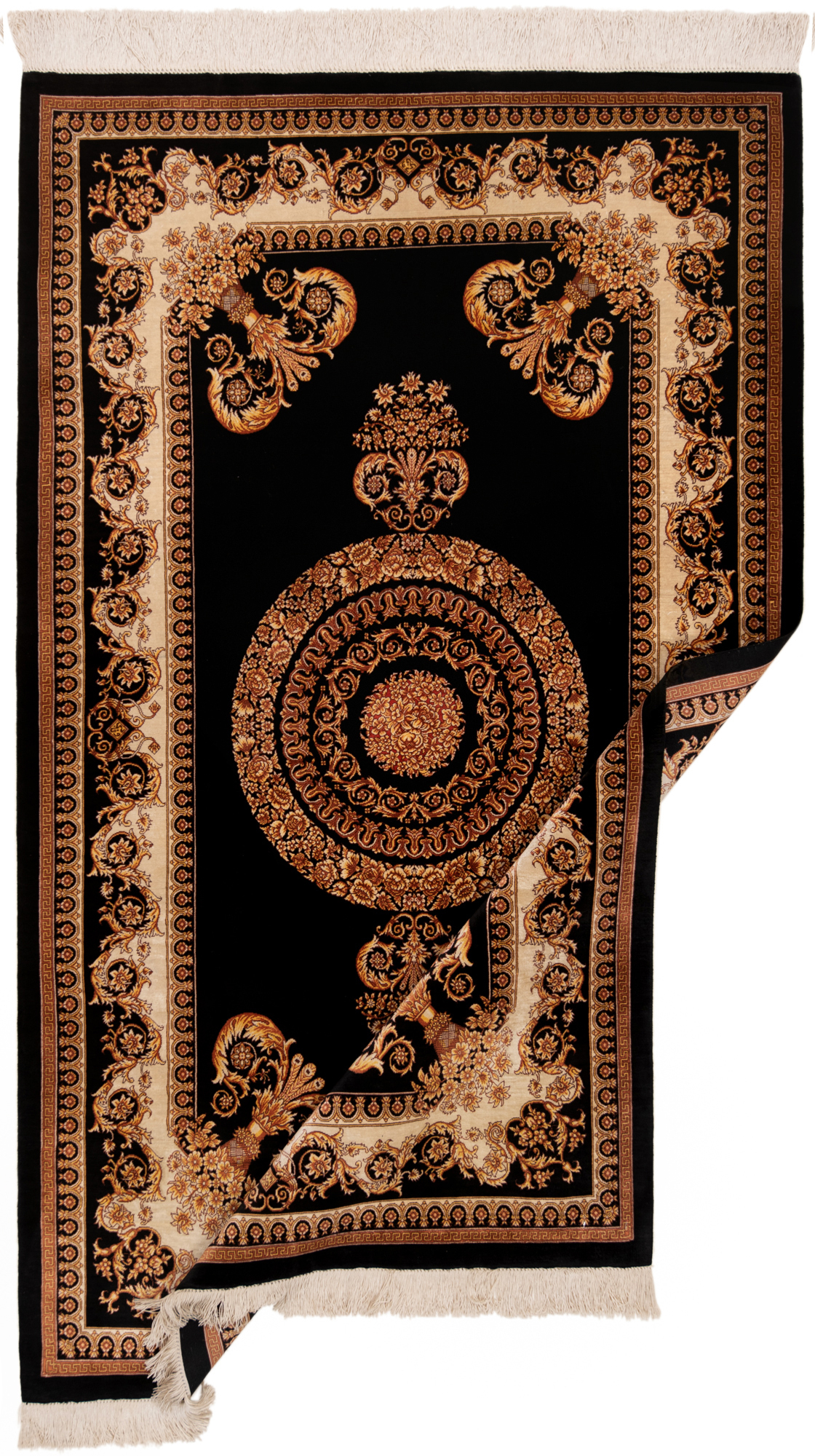 Qom Pure Silk Persian Rug Black 164 x 99 cm