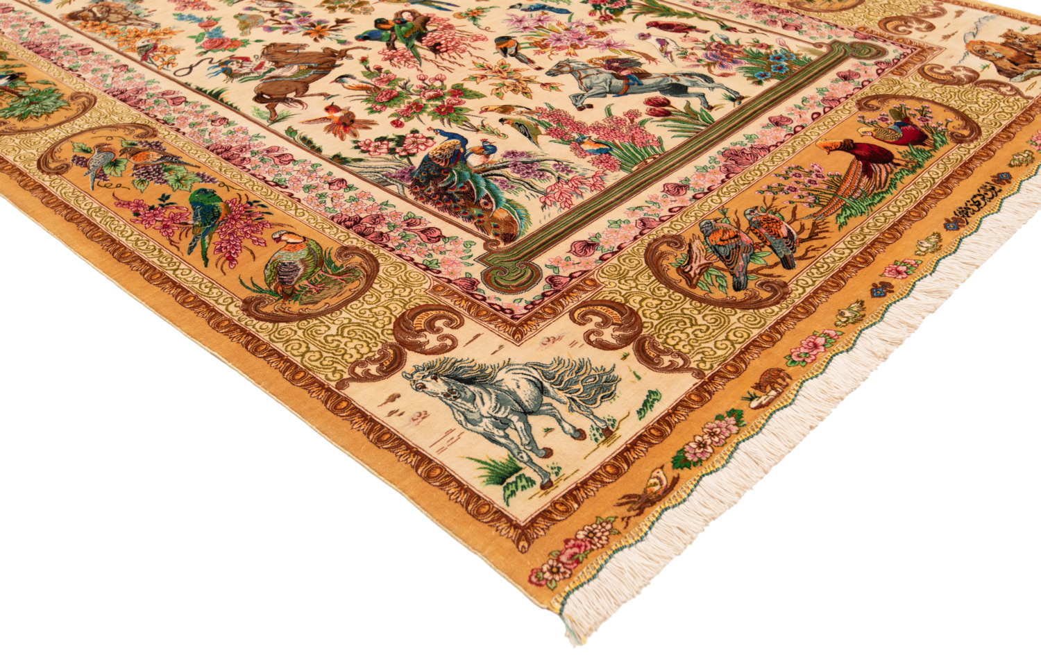 Qom Pure Silk Persian Rug Beige-Cream 237 x 139 cm