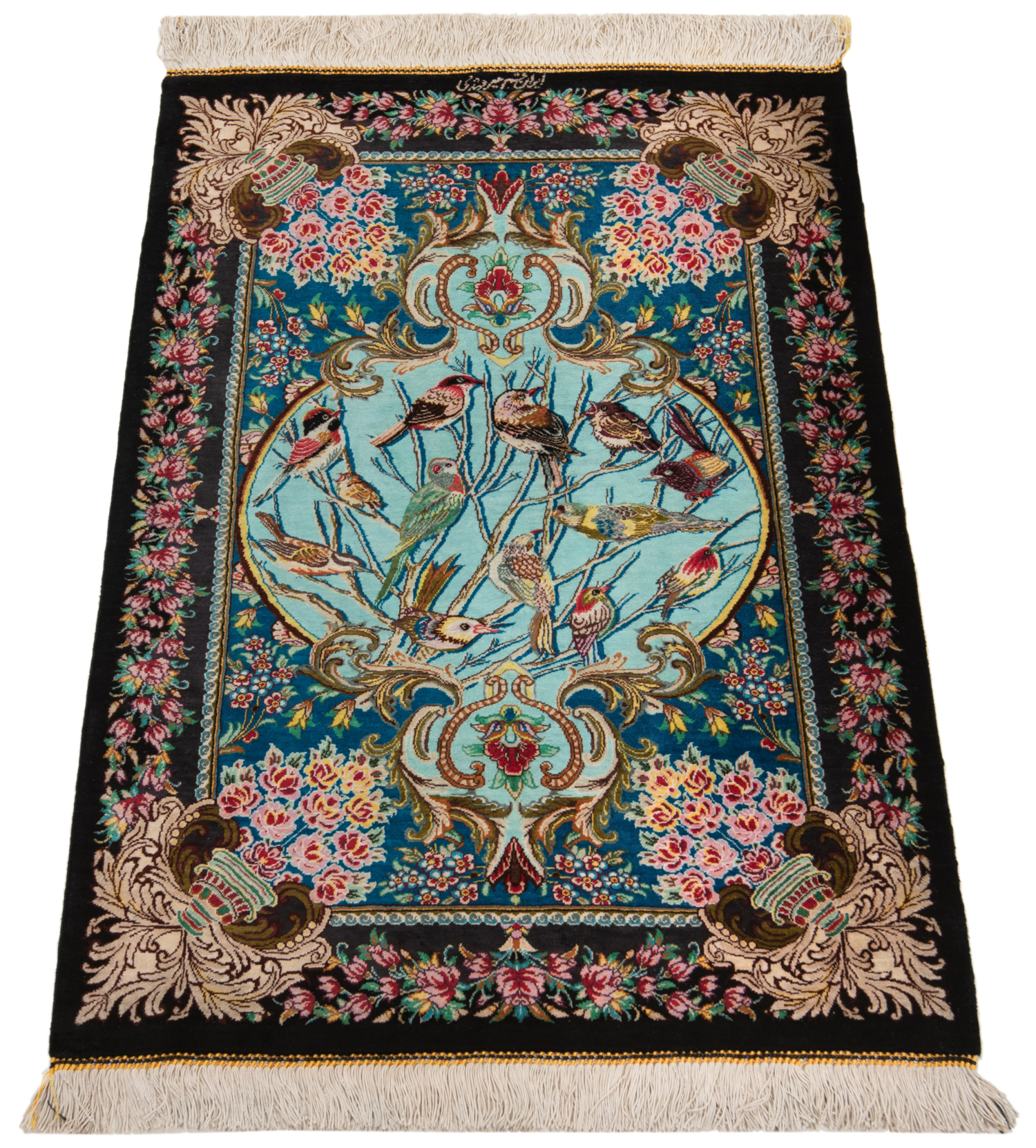 Qom Pure Silk Persian Rug Blue 88 x 61 cm
