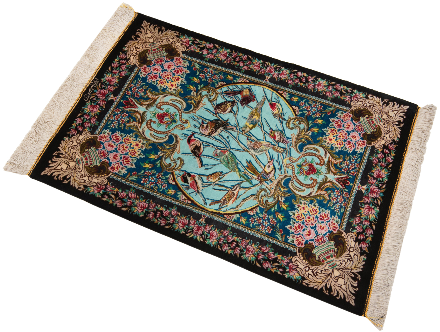 Qom Pure Silk Persian Rug Blue 88 x 61 cm