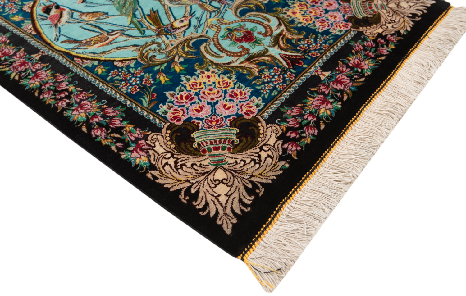 Qom Pure Silk Persian Rug Blue 88 x 61 cm