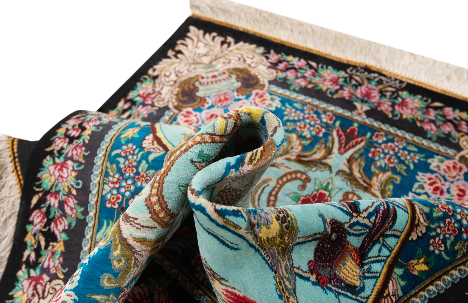 Qom Pure Silk Persian Rug Blue 88 x 61 cm