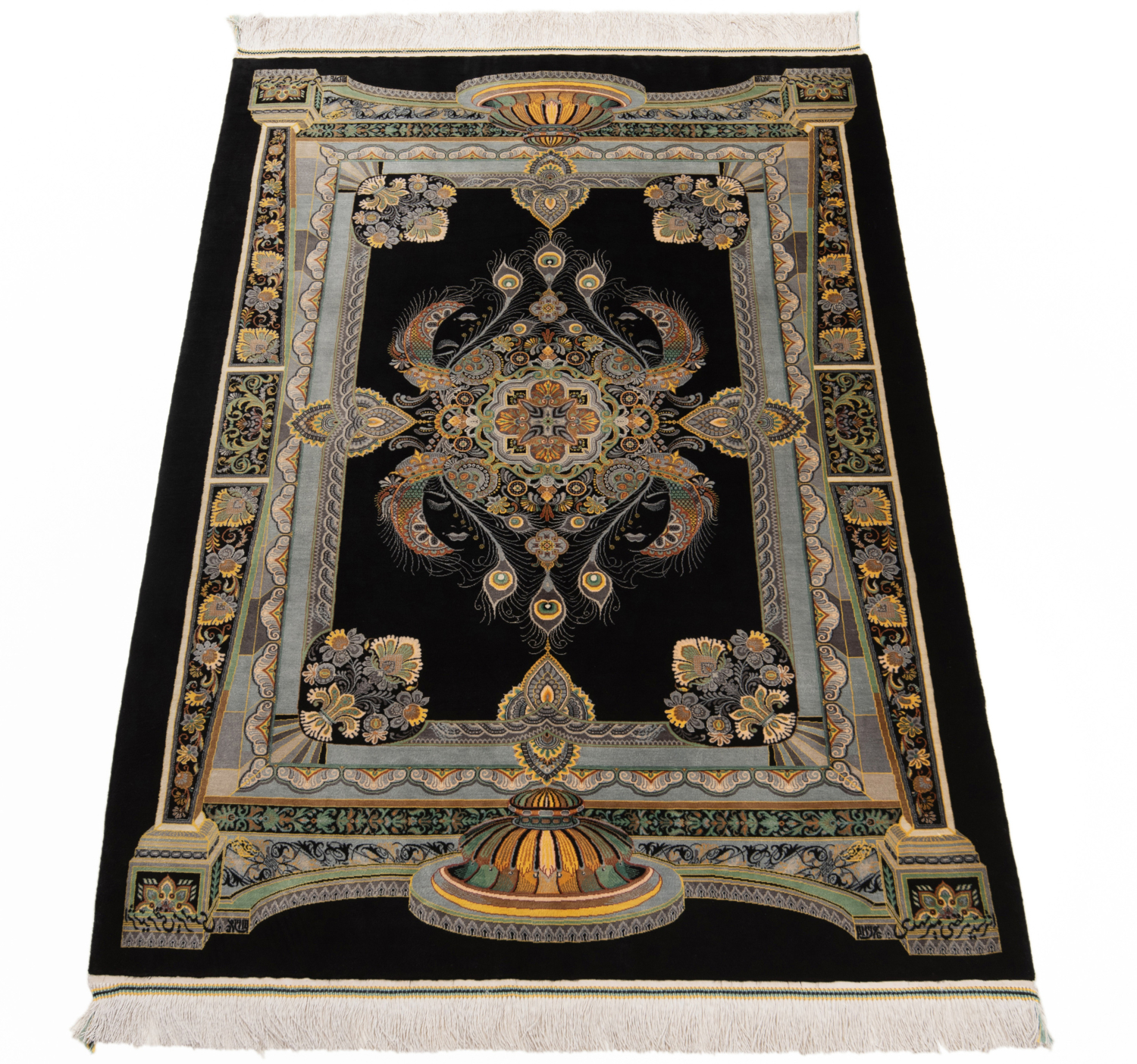 Qom Pure Silk Persian Rug Black 147 x 100 cm