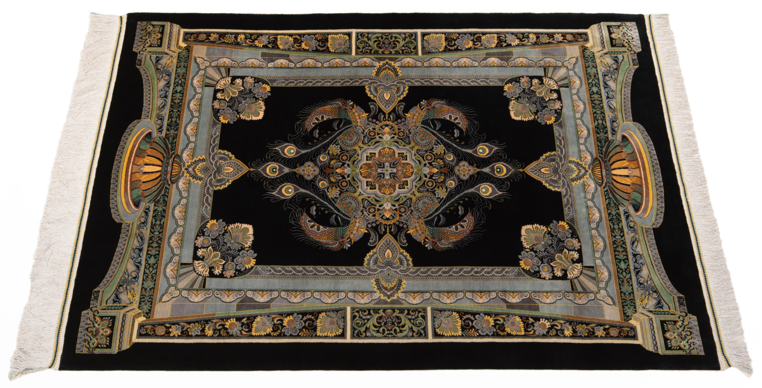 Qom Pure Silk Persian Rug Black 147 x 100 cm
