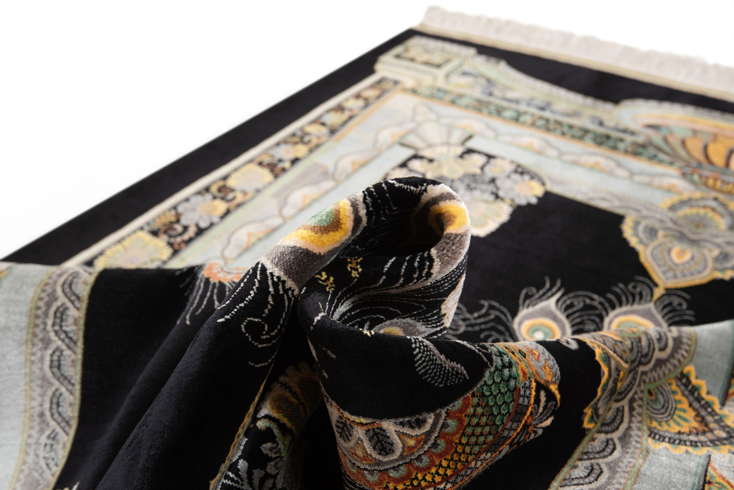 Qom Pure Silk Persian Rug Black 147 x 100 cm
