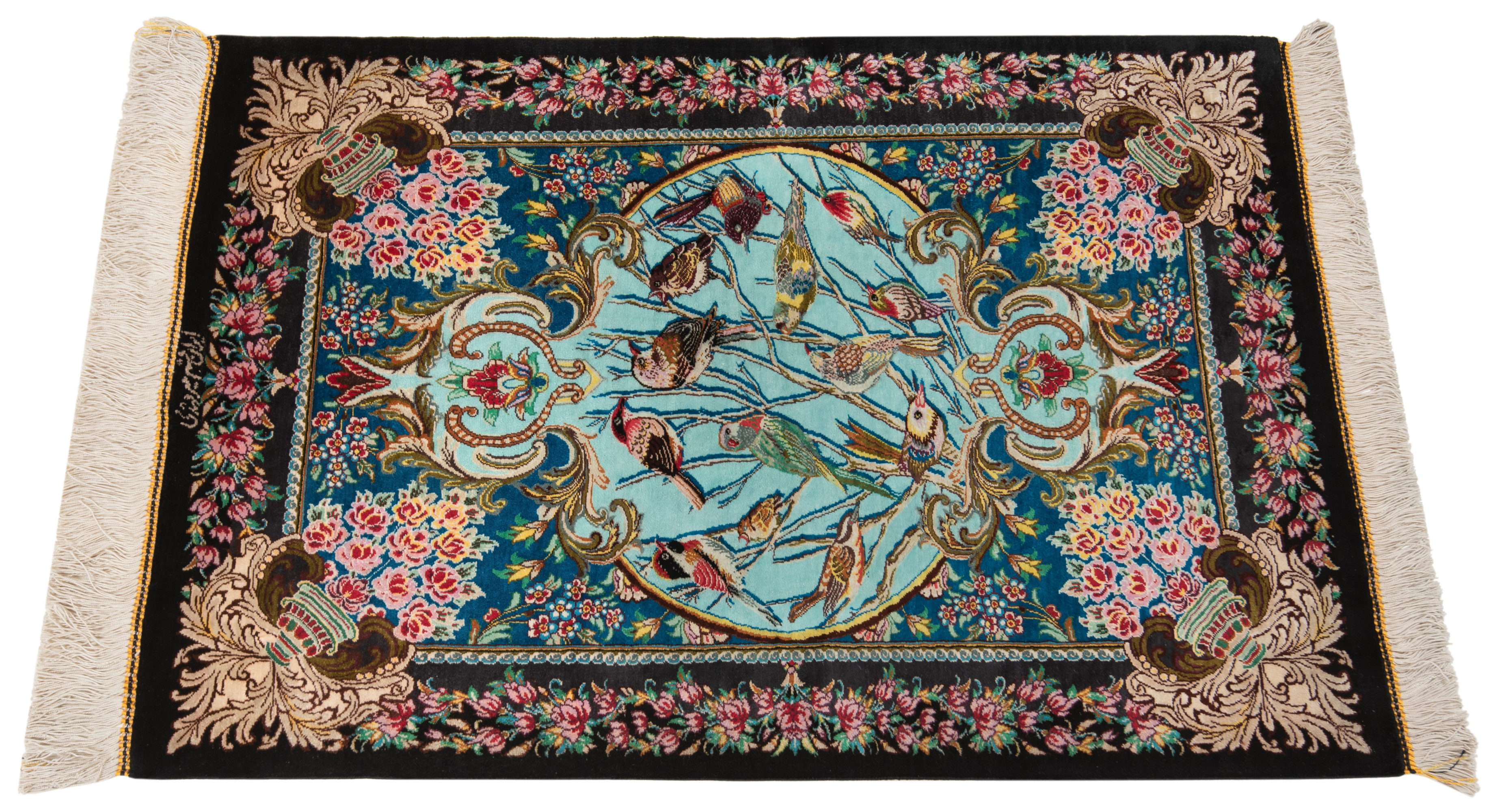 Qom Pure Silk Persian Rug Blue 88 x 61 cm