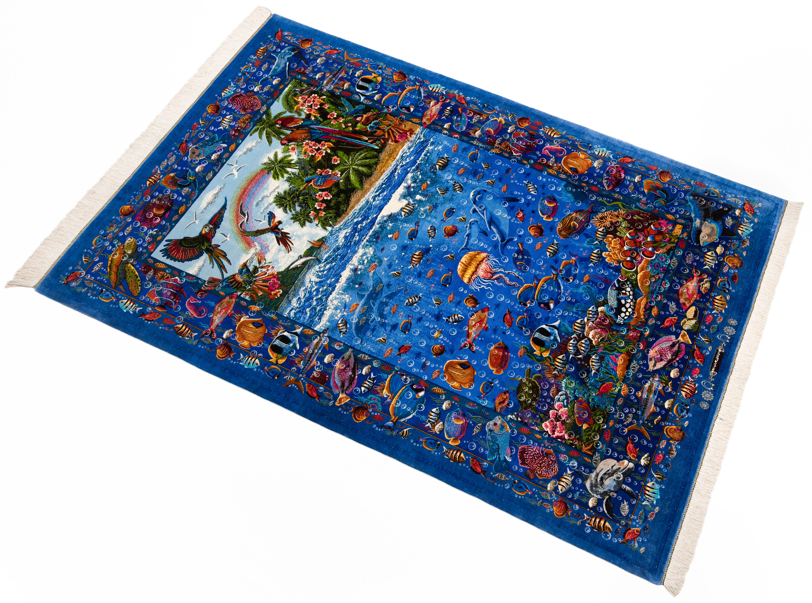Qom Pure Silk Persian Rug Blue 213 x 145 cm