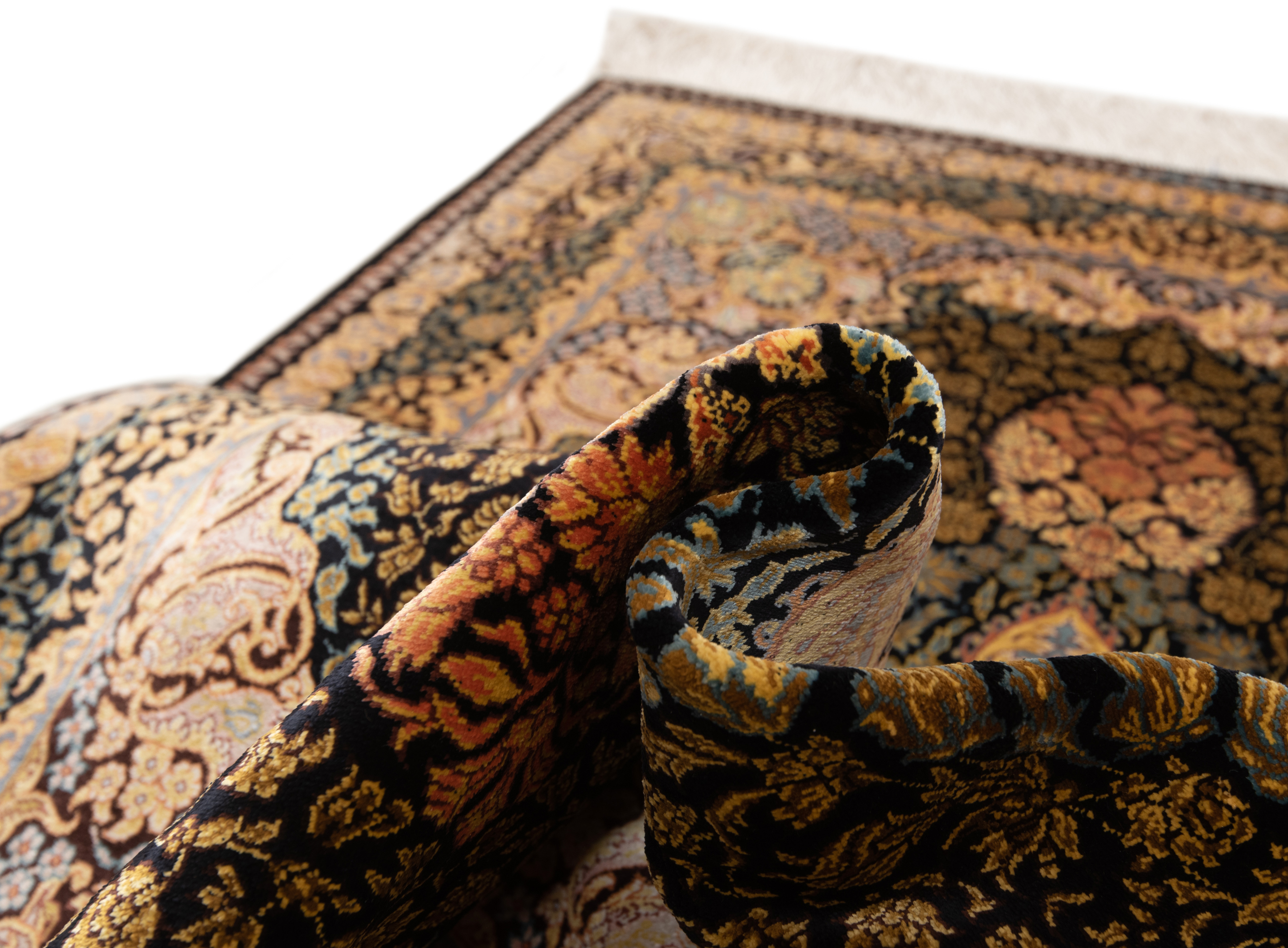 Qom Pure Silk Persian Rug Black 121 x 70 cm